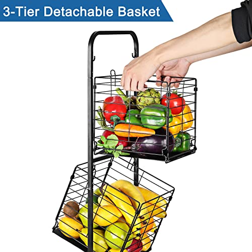 OYEAL 3 Tier Fruit Basket Tiered Market Basket Storage Stand for Kitchen Metal Wire Fruit and Vegetable Storage Basket Food Storage Chart with 4 Wheels