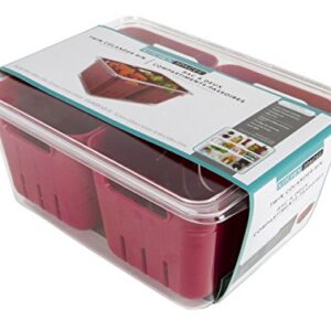 Kitchen Spaces KSDCB12-AMZ Twin Colander Stackable Food Storage Organizer for Fridge, Freezer, and Pantry, 8.8" x 6.8" x 3.9", Red & Clear