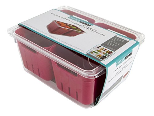 Kitchen Spaces KSDCB12-AMZ Twin Colander Stackable Food Storage Organizer for Fridge, Freezer, and Pantry, 8.8" x 6.8" x 3.9", Red & Clear