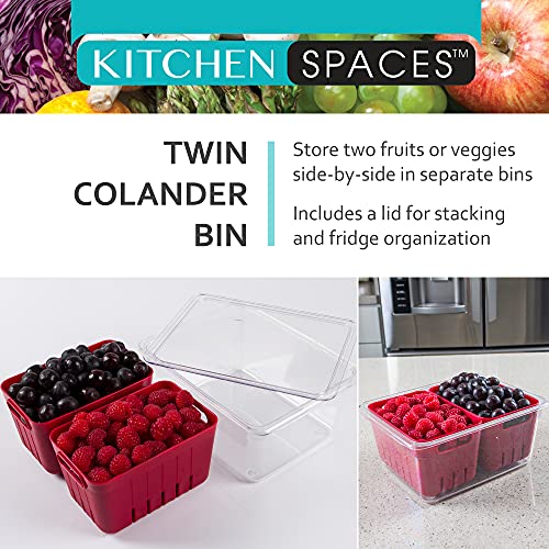 Kitchen Spaces KSDCB12-AMZ Twin Colander Stackable Food Storage Organizer for Fridge, Freezer, and Pantry, 8.8" x 6.8" x 3.9", Red & Clear