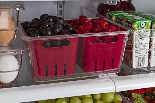 Kitchen Spaces KSDCB12-AMZ Twin Colander Stackable Food Storage Organizer for Fridge, Freezer, and Pantry, 8.8" x 6.8" x 3.9", Red & Clear