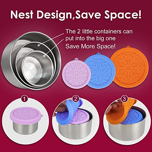 LIHONG Stainless Steel Containers with Lids,Snack Containers,Sauce Containers,Lunch Box for Kids Adults,Rustproof,Leakproof,Easy Open,Set of 3(3.4oz, 7oz,13oz)