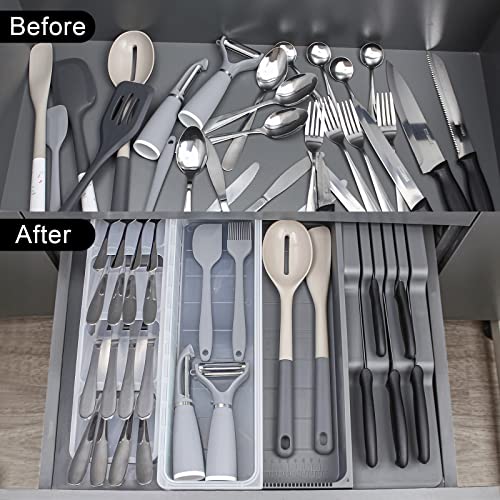 Expandable Kitchen Drawer Organizer, Silverware Organizer/Utensil Organizer For Kitchen Drawers, Silverware Holder Tray For Drawer, Space Saving Cutlery Organizer For Knives, Spoons & Forks, Gray