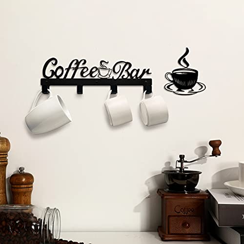 Hotop 2 Pieces Coffee Bar Decor Metal Coffer Mug Holder with 4 Hooks Modern Wall Hanger Organizer Storage Display Cup Rack Art for Kitchen Cafe