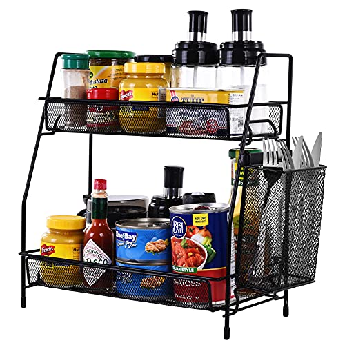 LEMIKKLE Countertop Organizer for Bathroom Counter, The Organizer for Bedroom, Spice Rack Organizer for Kitchen Counter Shelf with Small Basket(Black)