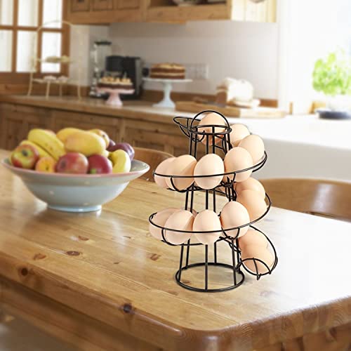 Flexzion Egg Skelter Modern Spiral Egg Holder Countertop (Medium Egg Display) - Freestanding Wired Countertop Egg Holder for Fresh Eggs, Dispenser Stand, Storage Rack for Kitchen, Black