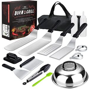 griddle accessories,15 pcs flat top grill accessories kit for blackstone and camp,stainless steel bbq accessories with spatula, basting cover,tongs,egg mold & carry bag for outdoor bbq teppanyaki