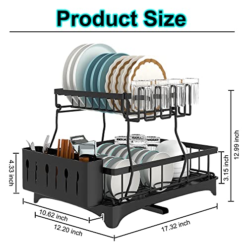 XIYAO Kitchen Dish Dring Rack with Drainboard, 2-Tier in Sink Dish Drying Rack with Utensil Holder for Kitchen Counter, Large Capacity Dish Strainers with Water Bottle Drying Rack (Black)