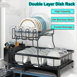 XIYAO Kitchen Dish Dring Rack with Drainboard, 2-Tier in Sink Dish Drying Rack with Utensil Holder for Kitchen Counter, Large Capacity Dish Strainers with Water Bottle Drying Rack (Black)