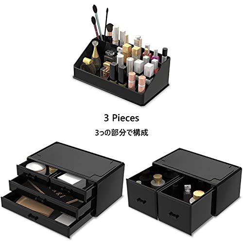 READAEER Makeup Organizer 3 Pieces Cosmetic Storage Case with 6 Drawers (Black)