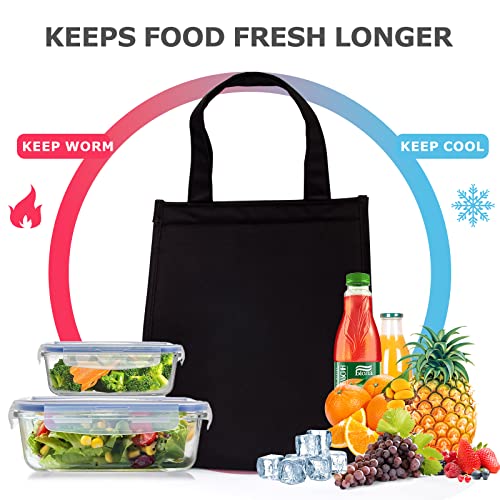 Flagsky Lunch Bag for Women Men Kids Adults Unisex,Lunch Box for Office Work School Picnic ,Waterproof Reusable Lunch Tote Bags Travel Soft Cooler Bag (1Pcs black)