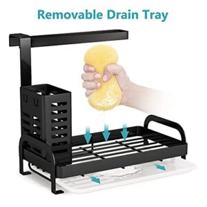 1Easylife Sink Caddy Organizer, Sponge Holder Brush Dishcloth Holder Hanger Kitchen Sink Caddy Black Countertop with Drain Tray for Kitchen Bathroom