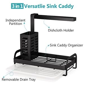 1Easylife Sink Caddy Organizer, Sponge Holder Brush Dishcloth Holder Hanger Kitchen Sink Caddy Black Countertop with Drain Tray for Kitchen Bathroom