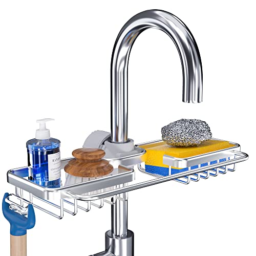 Arrozon Sponge Holder for Kitchen Sink,Kitchen Sink Sponge Holder 304 Stainless Steel Faucet Rack for Kitchen Bathroom Accessories Compatible with Faucets 0.78-1.12 Inches in Diameter（Sliver）