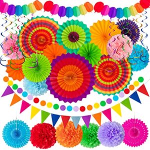 35pcs fiesta paper fan party decorations set – cinco de mayo pom poms,pennant,garland string,banner,hanging swirls decor supplies（multicolored)