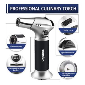 Sondiko Kitchen Torch S901, Blow Torch, Refillable Butane Torch with Safety Lock and Adjustable Flame for DIY, Creme Brulee, BBQ and Baking, Butane Gas Not Included