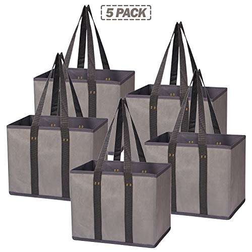 5 Pack Large Reusable Grocery Bags Foldable Durable Heavy Duty Tote Bag Set Eco Friendly Collapsible Shopping Cart Boxes Storage Bins Cubes with Long Handles Reinforced Bottom