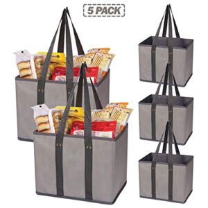 5 Pack Large Reusable Grocery Bags Foldable Durable Heavy Duty Tote Bag Set Eco Friendly Collapsible Shopping Cart Boxes Storage Bins Cubes with Long Handles Reinforced Bottom