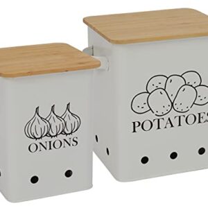 Kitchen Vegetable Storage Tins Set of 2 for Potatoes, Onion, with wooden lid Garlic Bin Caddy, Long Shelf Life-white