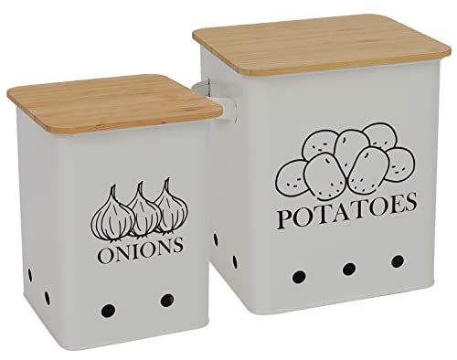 Kitchen Vegetable Storage Tins Set of 2 for Potatoes, Onion, with wooden lid Garlic Bin Caddy, Long Shelf Life-white