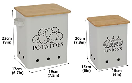 Kitchen Vegetable Storage Tins Set of 2 for Potatoes, Onion, with wooden lid Garlic Bin Caddy, Long Shelf Life-white