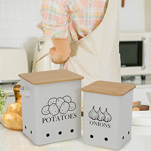 Kitchen Vegetable Storage Tins Set of 2 for Potatoes, Onion, with wooden lid Garlic Bin Caddy, Long Shelf Life-white