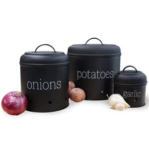 auldhome potatoes, onions and garlic canister set (black); contemporary vegetable storage containers