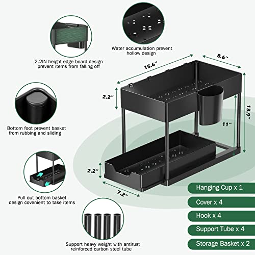 Under Sink Organizers and Storage 2 Tier Under Cabinet Organizer Bathroom Under Sink Storage for Kitchen with Sliding Drawers, Hooks, Multi-purpose Pull Out Under the Sink Organizer and Storage