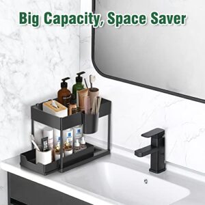 Under Sink Organizers and Storage 2 Tier Under Cabinet Organizer Bathroom Under Sink Storage for Kitchen with Sliding Drawers, Hooks, Multi-purpose Pull Out Under the Sink Organizer and Storage