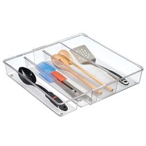 mdesign plastic adjustable/expandable divided drawer storage organizer with 4 compartments for kitchen pantry, cupboard, cabinet, hold silverware, utensils, cutlery – ligne collection – clear