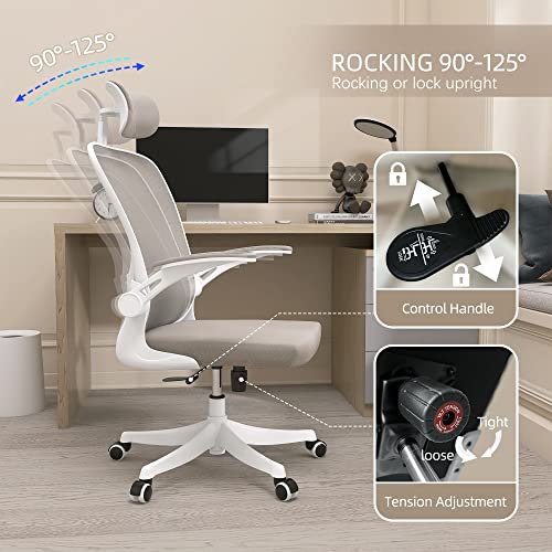 Monhey Ergonomic Office Chair Office Chair with Lumbar Support & Headrest & Flip-up Arms Height Adjustable Rocking Home Office Desk Chairs Swivel High Back Computer Chair Warm Taupe Mesh Study Chair