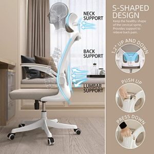 Monhey Ergonomic Office Chair Office Chair with Lumbar Support & Headrest & Flip-up Arms Height Adjustable Rocking Home Office Desk Chairs Swivel High Back Computer Chair Warm Taupe Mesh Study Chair