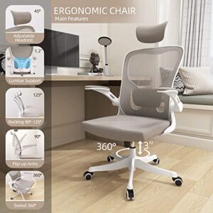 Monhey Ergonomic Office Chair Office Chair with Lumbar Support & Headrest & Flip-up Arms Height Adjustable Rocking Home Office Desk Chairs Swivel High Back Computer Chair Warm Taupe Mesh Study Chair