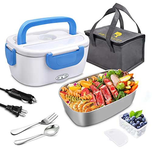 Electric Lunch Box Food Heater, Luncheaze Self Heated Lunchbox 60W Portable Microwave for Car/Truck/Home with 12V/24V/110V Cable, 2 Compartments, Stainless Steel Container, Fork & Spoon, Carry Bag