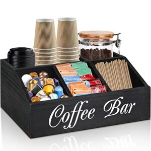 coffee station organizer coffee bar organizer for counter, wood coffee pods holder storage basket, coffee and tea condiment storage organizer, rustic coffee bar decor for coffee accessories organizer