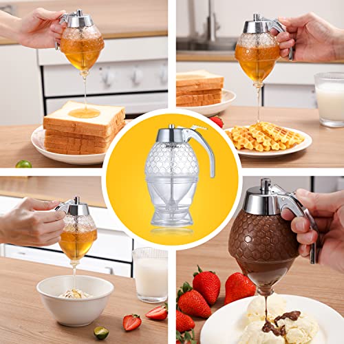 Honey Dispenser Syrup No Drip - Plastic Maple Syrup Dispenser - Beautiful Honey Comb Shaped Honey Pot - Honey Jar with Stand, Great Bee Decor