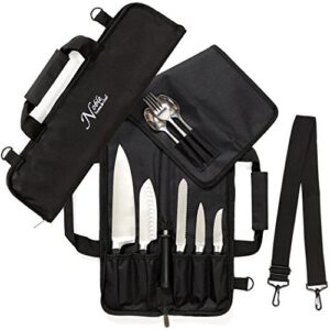 chef knife roll bag (6 slots) is padded and holds 5 knives plus a protected pouch for your knife steel! our durable knife carrier includes shoulder strap, handle, and business card holder. (bag only)