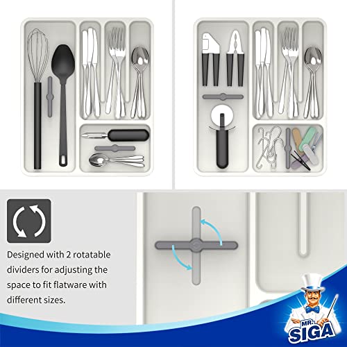 MR.SIGA Expandable Silverware Organizer, Flatware Organizer for Drawer, Utensil Organizer and Adjustable Cutlery Tray for Kitchen Drawer, White & Gray