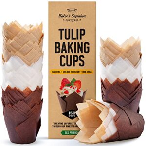 baker’s signature tulip baking paper cupcake & muffin liners pack of 150 | grease resistant wrappers – will not curl or burn – comes in convenient packaging