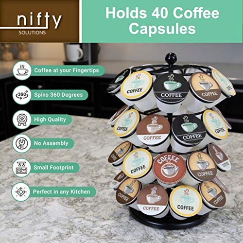 Nifty Coffee Pod Carousel – Compatible with K-Cups, 40 Pod Pack Storage, Spins 360-Degrees, Lazy Susan Platform, Modern Black Design, Home or Office Kitchen Counter Organizer