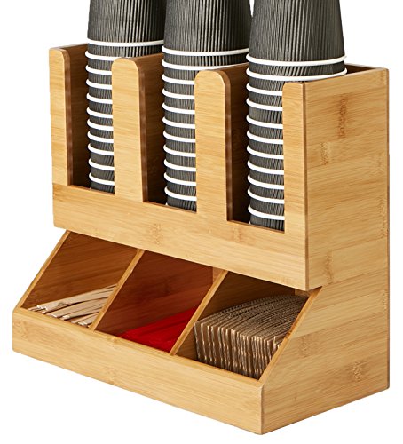 Mind Reader 6 Compartment Bamboo Upright Coffee Breakroom Condiment and Cup Storage Organizer, Brown