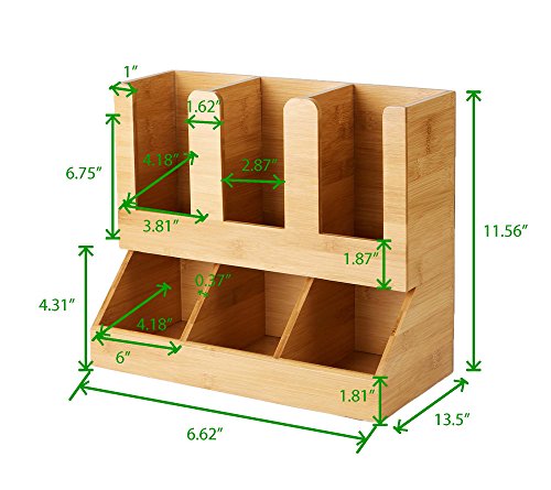 Mind Reader 6 Compartment Bamboo Upright Coffee Breakroom Condiment and Cup Storage Organizer, Brown