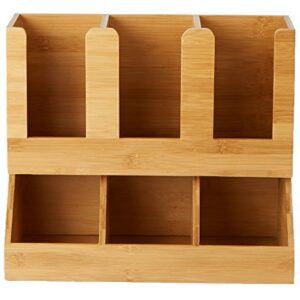 Mind Reader 6 Compartment Bamboo Upright Coffee Breakroom Condiment and Cup Storage Organizer, Brown