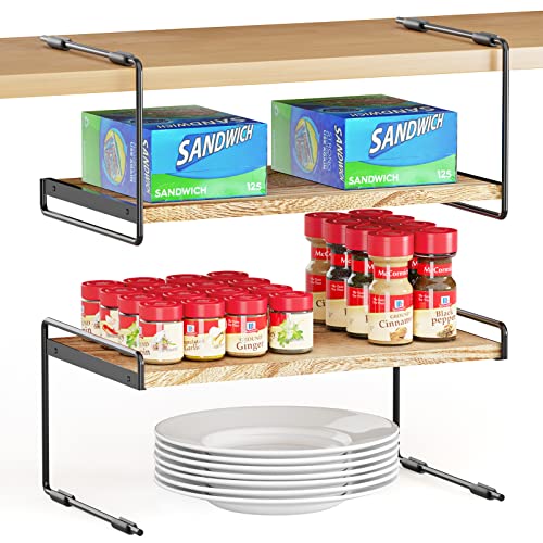 SpaceAid Cabinet Shelf Organizers 2 Pack, Kitchen Counter Organizer Rack Under Shelves Riser, Pantry Cupboard Storage Organization, Metal and Wood, Black and Natural, 16" Wide