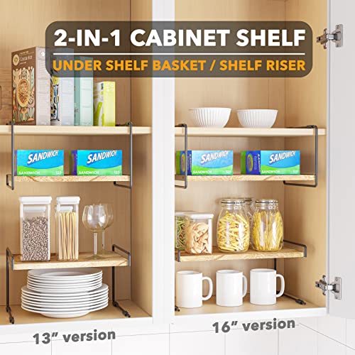 SpaceAid Cabinet Shelf Organizers 2 Pack, Kitchen Counter Organizer Rack Under Shelves Riser, Pantry Cupboard Storage Organization, Metal and Wood, Black and Natural, 16" Wide