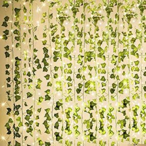 kaszoo 84ft 12 pack artificial ivy garland fake plants, vine hanging garland with 80 led string light, hanging for home kitchen garden office wedding wall decor, green