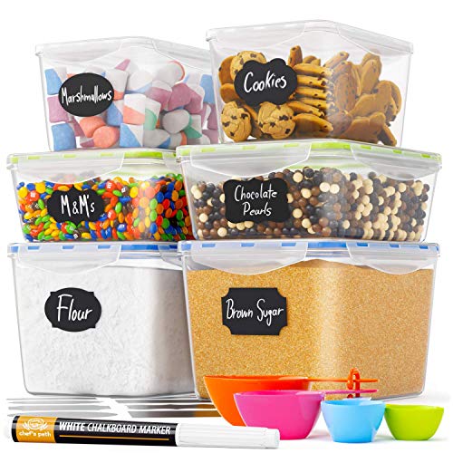 Chef's Path Food Storage Containers - Pantry Organization and Storage - Great for Flour, Sugar, Baking Supplies - Airtight Kitchen Bulk Food Canisters - BPA-Free - 6 PC Set - Spoons, 8 Labels & Pen