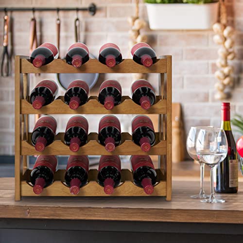 NHZ Wine Rack freestanding Floor, Wooden Wine Rack, Sturdy and Durable Wine Storage Cabinet Shelf, Wine Racks Countertop - 4 Tiers 16 Bottle Wine Holder for Kitchen, Pantry, Cellar.