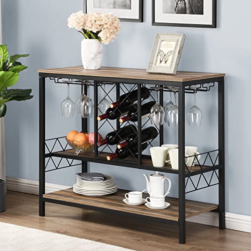 O&K FURNITURE Industrial Wine Rack Table with Glasses Holder, Liquor Bar Cabinet with Wine Storage, Freestanding Floor Wine Cabinet for for Bar, Buffet, Living Room