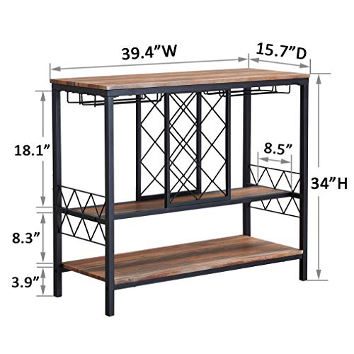 O&K FURNITURE Industrial Wine Rack Table with Glasses Holder, Liquor Bar Cabinet with Wine Storage, Freestanding Floor Wine Cabinet for for Bar, Buffet, Living Room